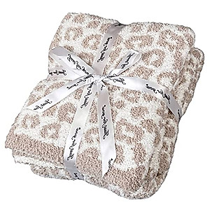 Soft Fuzzy Fluffy Leopard Knit Throw Blanket, Cozy Plush Reversible Blanket Cheetah Blanket for Couch Sofa Bed, Stone/Cream