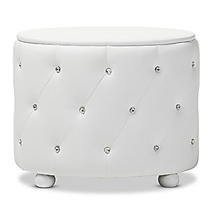 Baxton Studio Davina Hollywood Glamour Style Oval 2-Drawer Faux Leather Upholstered Nightstand, Medium, White