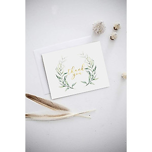 AMNADOF 100 Eucalyptus Gold Foil Thank You Cards Bulk -- Blank Note Cards with Greenery Envelopes – Include Stickers, Perfect for Wedding,Baby Shower, Bridal Shower and All Occasions