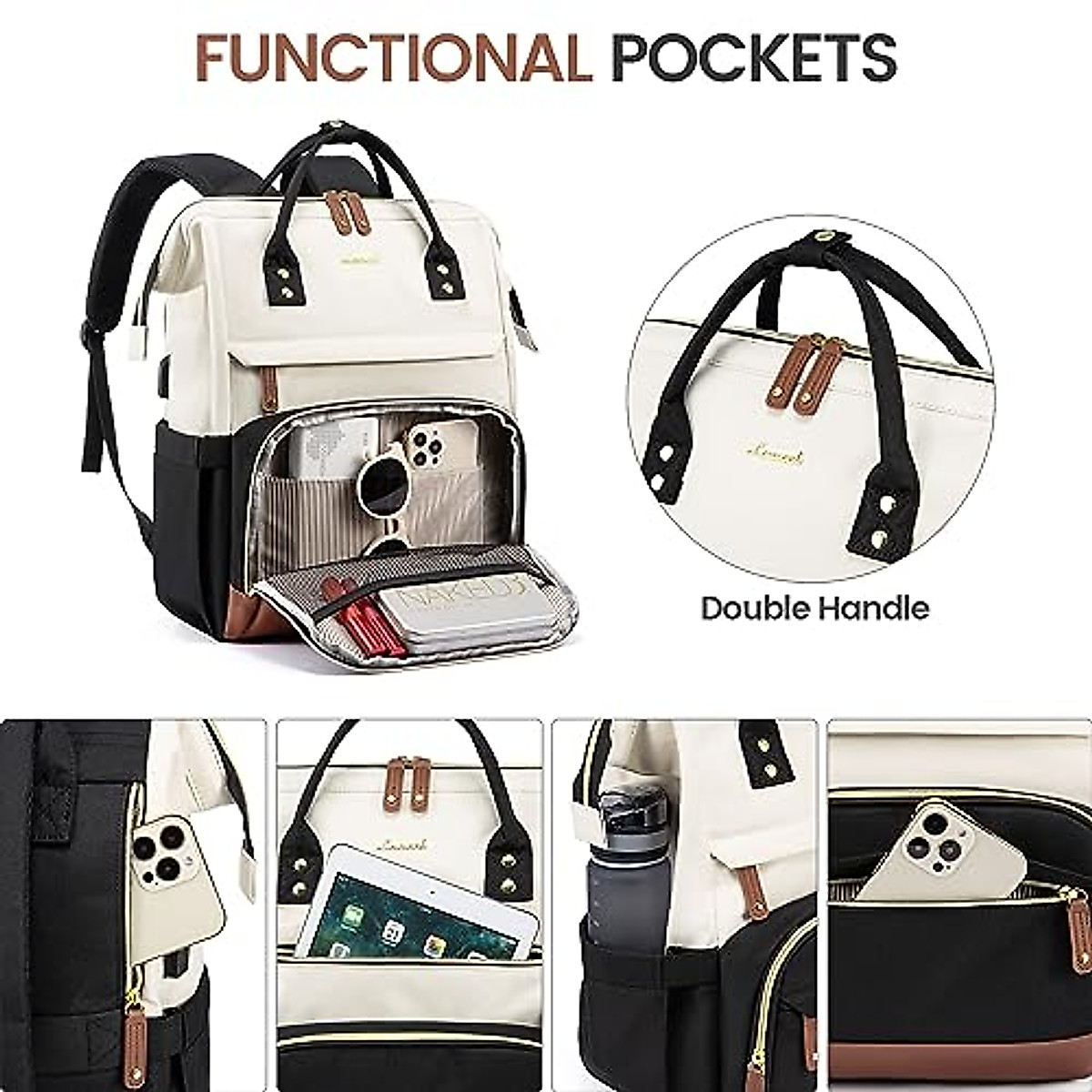 LOVEVOOK Laptop Backpack Purse for Women, Nurse Work Business Travel Backpack Bag, Wide Open Backpack, Lightweight Water Resistent Daypack with USB Charging Port, 15.6 inch, Beige-Black-Brown