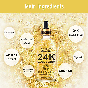 Voluxss 24K Gold Serum for Face, Skin Brightening Anti Aging Moisturizer with Vitamin C, Hyaluronic Acid & Argan Oil for Dark Spots & Fine Lines, Korean Skin Care Glow Collagen Booster Serum 3.38fl.oz