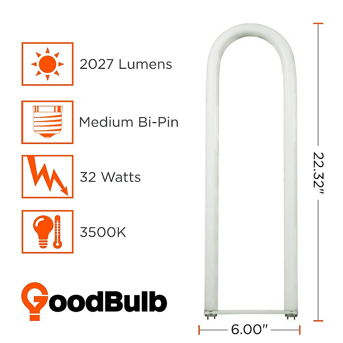 GoodBulb 32-Watt 6 Inch T8 Fluorescent U-Bend Light Bulb | 3500K Soft White Light Color | Medium Bi-Pin Base | High Output 2027 Lumens | 10000 Life Hours 80 CRI | Pack of 10 Bulbs