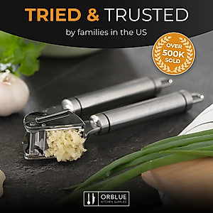 ORBLUE Garlic Press Stainless Steel - Premium Professional Grade Garlic Mincer, Crusher & Peeler Set - Easy Clean, Dishwasher Safe & Rust-proof