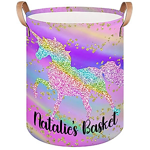 Personalized Unicorn Laundry Basket, Custom Unicorn Laundry Hamper for Girl, Collapsible Waterproof Baskets, Dirty Clothes Toy Hamper Colorful Glitter Unicorn Rainbow