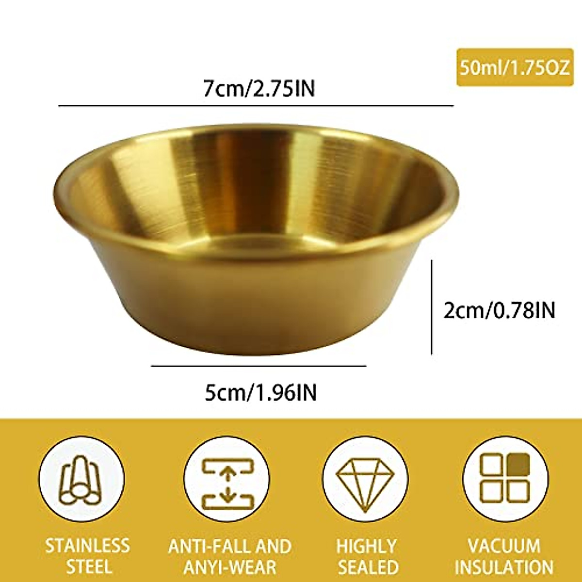 14Pcs Mini Stainless Steel Seasoning Dishes, 2.3oz Dipping Sauce Bowls, Sushi Dipping Dishes, for Individual Serving Condiments, Meal Prep, Snack, Soy Dip (Gold)
