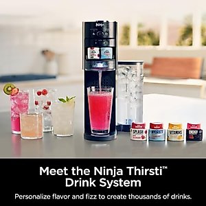 Ninja Thirsti Drink System, Soda Maker, Create Unique Sparkling & Still Drinks, Personalize Size & Flavor, Carbonated Water Machine, 60L CO2 Cylinder & Variety of Flavored Water Drops, Black WC1001