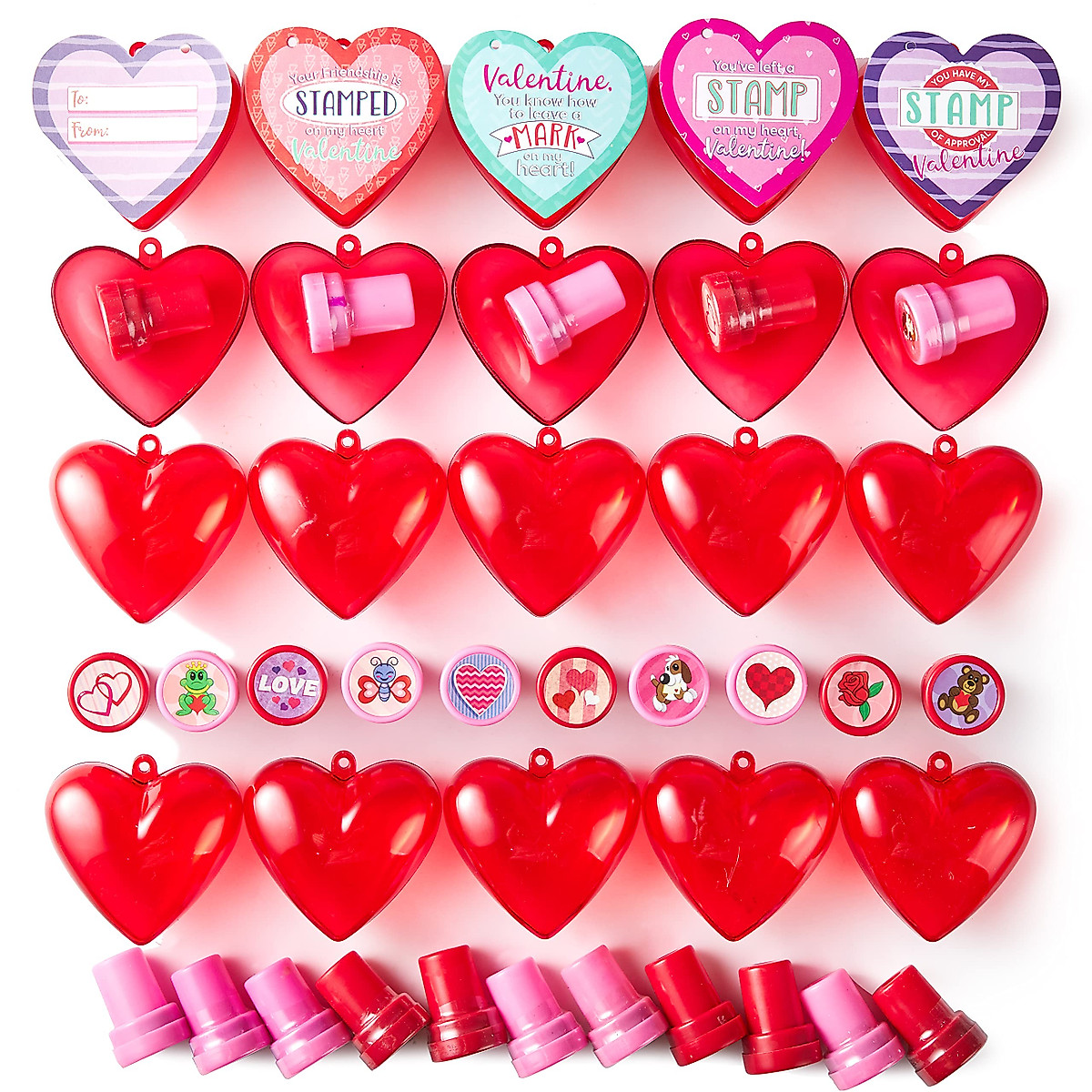28 Pcs Kids Valentines Day Stampers Set Filled Hearts and Valentine’s Day Cards for Classroom Exchange, Kids Stampers Party Favors for Gift Exchange, Game Prizes and Carnivals Gift