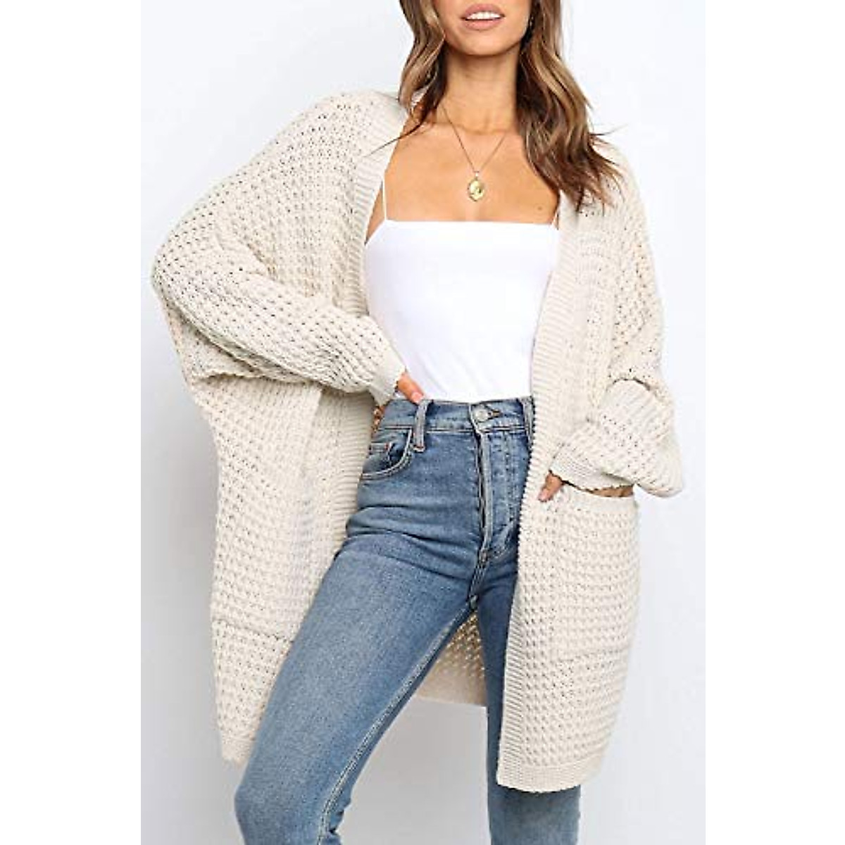 ZESICA Women's 2023 Fall Long Batwing Sleeve Open Front Chunky Knit Cardigan Sweater,B&Apricot,XX-Large
