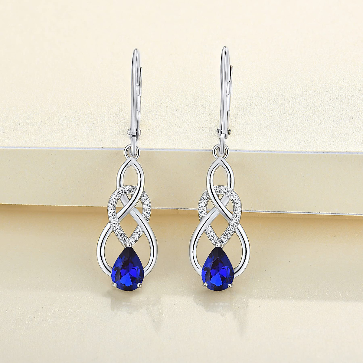YL Celtic Knot Earrings 925 Sterling Silver Infinity Dangle Drop Earring Created Sapphire Twist Leverback Jewelry for Women