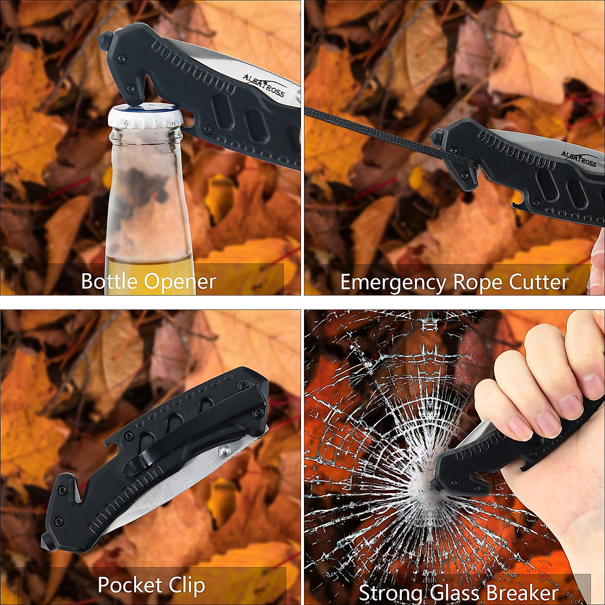 ALBATROSS Classic Multifunction Pocket Folding Knife with Bottle Opener、Glass Hammer and Rope Cutter, Satin Coated Blade and Aluminum Handle，AS-23265 (Black)
