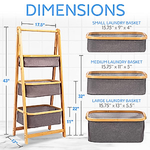 SerenelifeHome 3 Tier Fold Out Hamper Shelf Storage - Space Saving Collapsible Foldable Natural Bamboo Wooden Organizer Removable Baskets for Bedroom Bathroom Laundry Clothes Towels