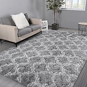 Hutha 4x6 Shag Large Area Rugs for Living Room, Light Grey Modern Super Soft Bedroom Carpet, Moroccan Luxury Geometric Plush Fluffy Rug for Kids Nursery Girls Room Indoor Home Decor