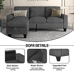 ZeeFu Convertible Sectional Sofa Couch,Grey Snowflake Velvet Modern 3-Seat L-Shaped Upholstered Sofa Couch Set with Storage Reversible Ottoman and Pockets for Living Room Small Space Apartment