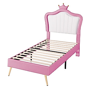 Twin Size Upholstered Princess Bed Frame with LED Lights and Crown Headboard,for Kids Boys Girls Teens Bedroom Use (White+Pink@LED//, Twin)