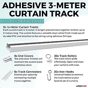 UrbanRed Self Adhesive Ceiling Or Wall Curtain Track (9.8 FT, 3 Meters) - No Drill, Screws, or Tools Curtain Rod, No Damage Curtain Track, Curtain Hangers, Adhesive Curtain Rod (Non-Flexible)