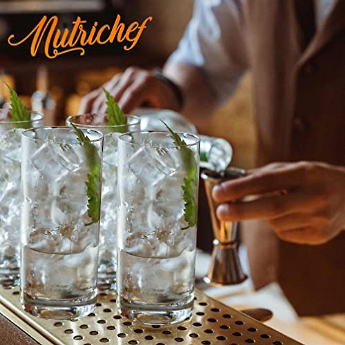 NutriChef 14.2oz Highball Drinking Glasses - Set of 2 Heavy Base Tall Tumbler Clear Glassware for Water, Wine, Beer, Liquor, Gin, Cocktail, Whiskey, Juice, Iced Coffee, Mixed Drinks, Dishwasher Safe