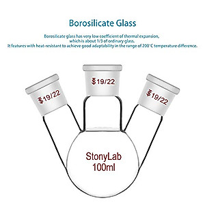 stonylab Glass 100 mL Heavy Wall 3 Neck Round Bottom Flask RBF, with 19/22 Center and Side Standard Taper Outer Joint, 100 mL