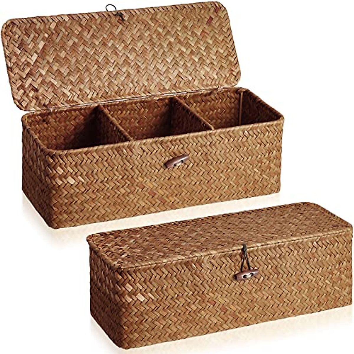 2 Pieces Seagrass Baskets with Lid, Rectangular Hand Woven Wicker Bin Storage Box for Shelves Organizing, Small Rustic Home Storage Organizer Container for Toilet Paper Snack Toys (Khaki)