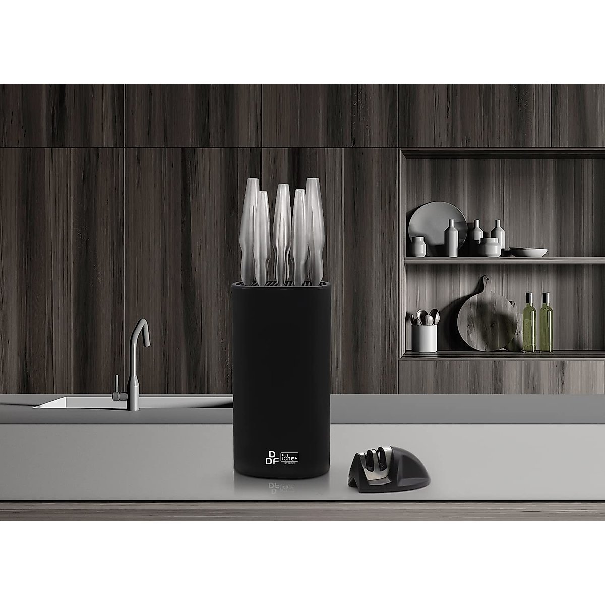 DDF iohEF Kitchen Knife Set with Block, 7 Piece Premium High Carbon Stainless Steel Knives Set with Knife Sharpener, Ultra Sharp Knife Block Set
