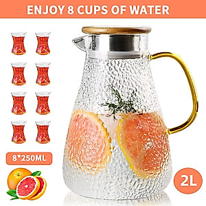 Glass Pitcher with Lid with 2 Cups, Durable 0.52 Gal Glass Pitcher with Handle with 2 Glass Cups, Water Carafe with Cups Teapot Set Gift for Hot/Cold Beverage, Juice or Tea