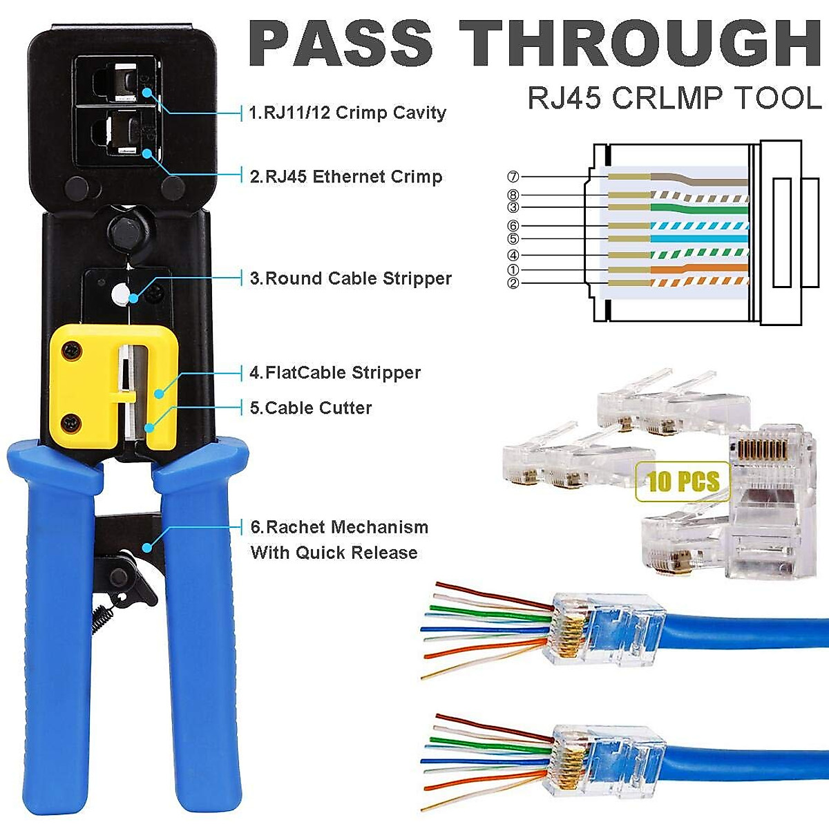 SILIVN Rj45 Crimping Tool Network Tool Kit for Cat5 Cat5e Cat6, 8 in 1 Portable Ethernet Cable Crimper Kit, Ethernet Tool Kit RJ45/RJ11/RJ12 Network Cable Tester Punch Down Tool