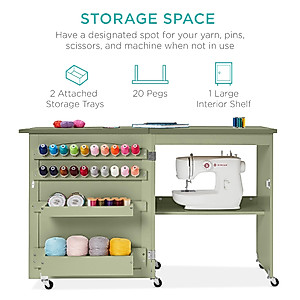Best Choice Products Folding Sewing Table Multipurpose Craft Station & Side Desk with Compact Design, Wheels, Shelves, Storage Trays, Pegs, Magnetic Doors, Metal Doorknobs - Light Green