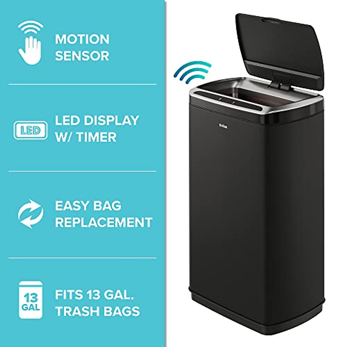 Kraus KTCS-10MB GarbagePro Rectangular 13 Gallon Hands-Free Motion Sensor Trash Can Battery Operated in Matte Black Finish with SoftShut Touchless Lid