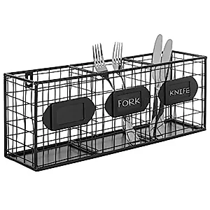 MyGift Utensil Organizer Wall Mounted Black Metal Kitchen Silverware Flatware Caddy Holder, Countertop Storage Basket with 3 Compartments and Chalkboard Labels