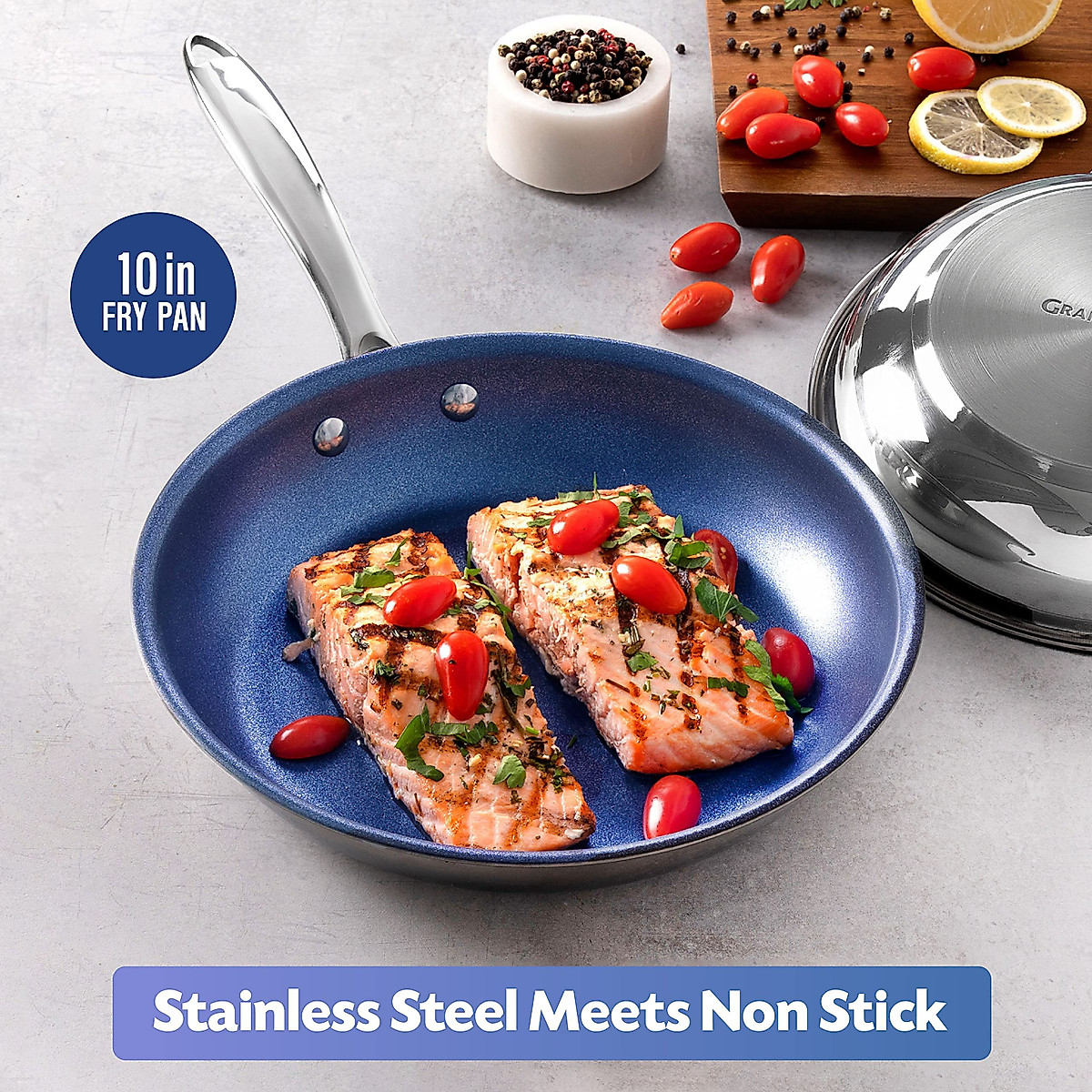 Granitestone Blue Non Stick Frying Pan, 10” Stainless Steel Pan for Cooking, Induction Frying Pan Nonstick, Egg Pan, Easy Cleanup, Stay Cool Handle, Ultra Durable, Oven Dishwasher Safe 100% Toxin Free