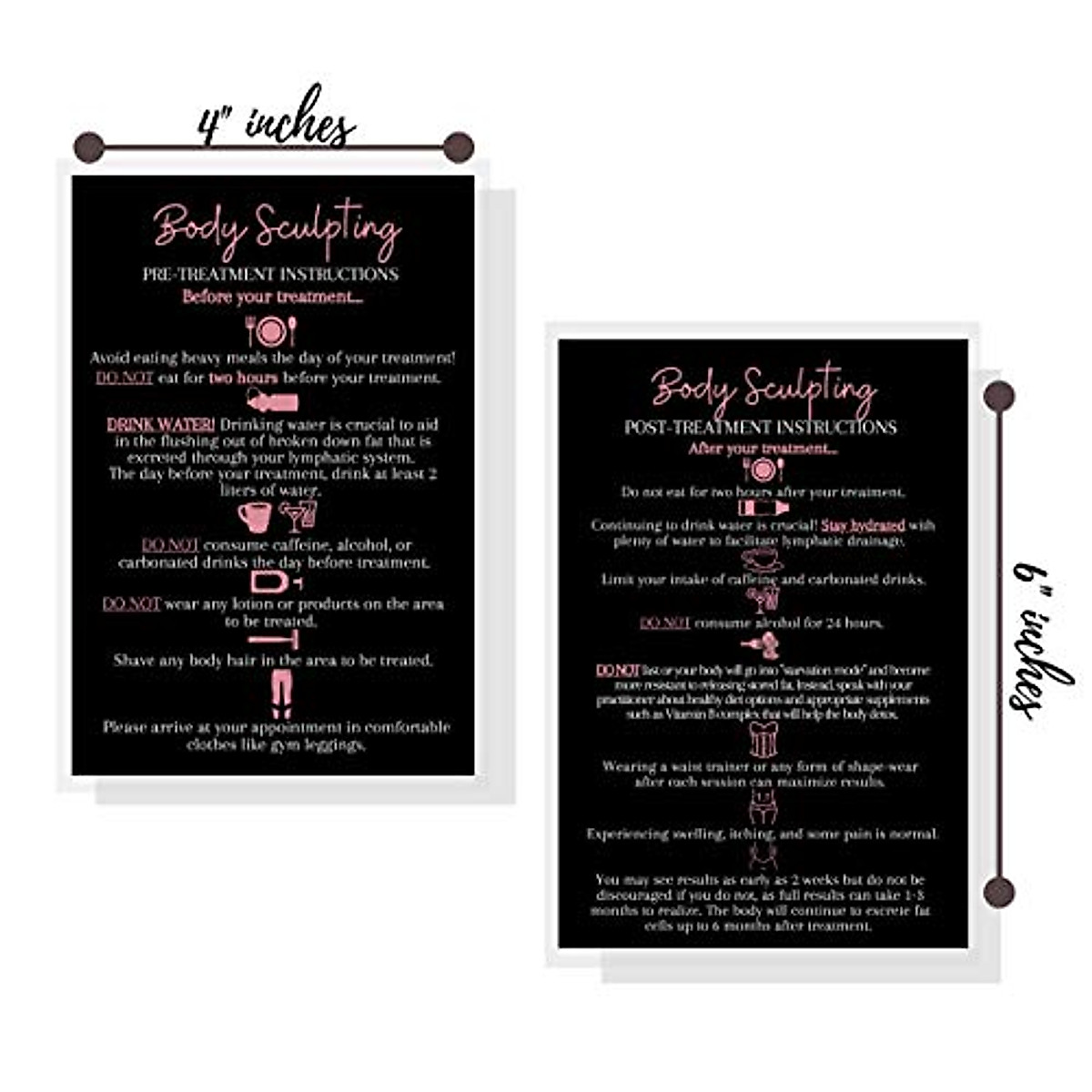 Body Sculpting Pre and Post Treatment Information Cards | 30 Pack | 4x6” inch Large Postcard Size | Black with Rose Gold Design