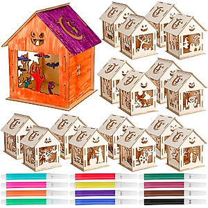 Wettarn Halloween Haunted House with Colors Markers, Wooden Graffiti Crafts Halloween Painting Crafts Kit Pumpkin Witch Ghost Haunted House Craft for Kids DIY Paint Art (9 Pcs)