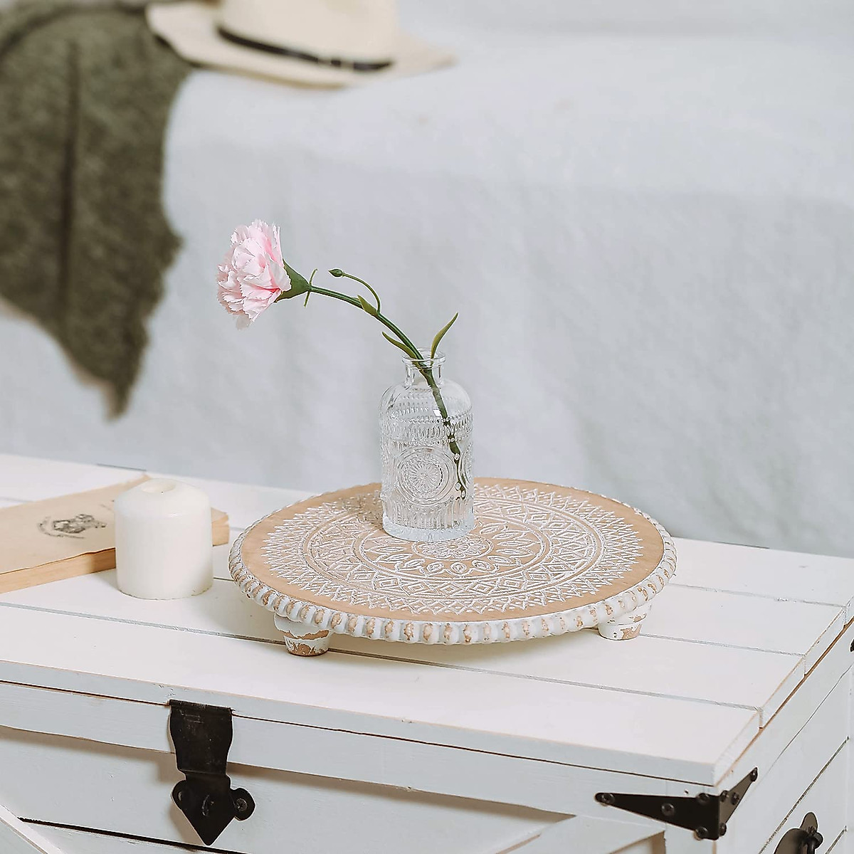 NIKKY HOME Beaded Risers Display Stands, Farmhouse Rustic Wood Pedestal, Centerpiece Decor for Coffee Bar Table, Kitchen Counter, Dining Room