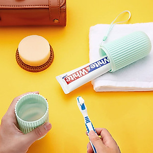 Anbbas 2pcs Double Bristle Head Denture Brush Dental Cleaning Brush with Portable Toothbrush Cup Holder, Properly Clean Oral Appliance