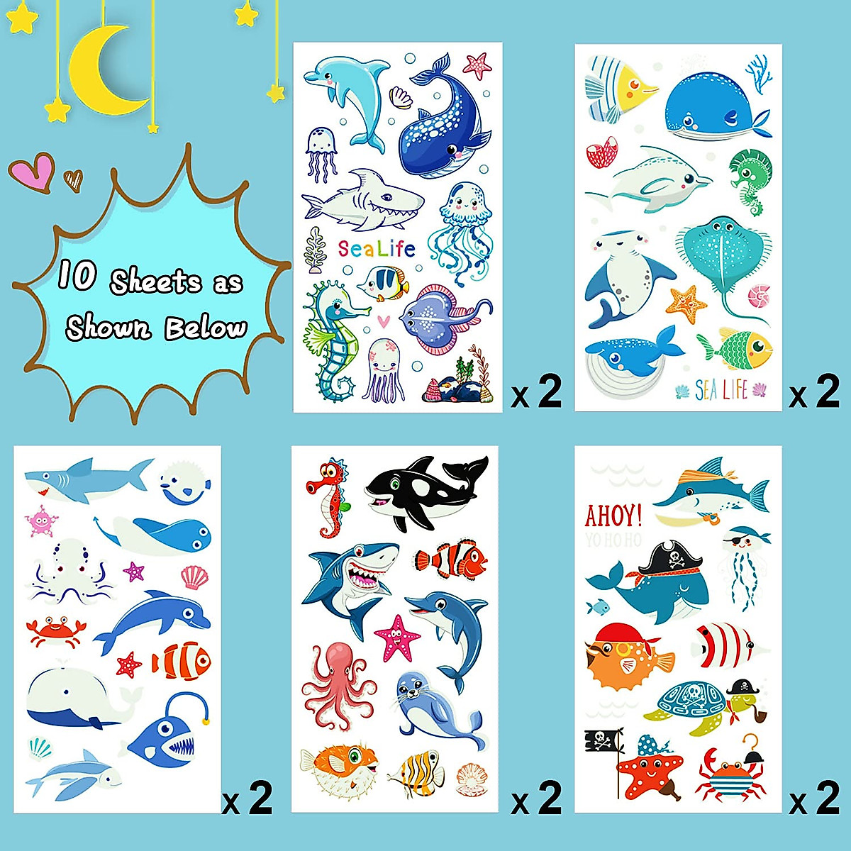 Partywind 130 Styles Luminous Shark Temporary Tattoos for Kids, Glow Shark Birthday Decorations Party Favors Supplies for Boys and Girls, Ocean Under Sea Fake Tattoo Stickers Gifts (10 Sheets)