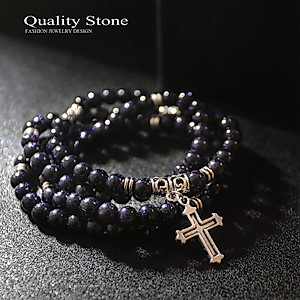 KS-WORKSHOP 108 Beads 6MM Wrap Bracelet for Women Handmade Stretch Long Chain Quality Stone Black Blue Sandstone Beaded Girls Charm Christ Pendant Semi-Precious Perfect Valentine's Gift Birthday