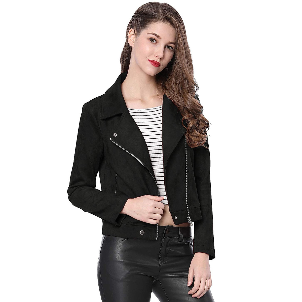 Allegra K Women Short Soft Zip Up Faux Suede Biker Moto Jacket X-Large Black