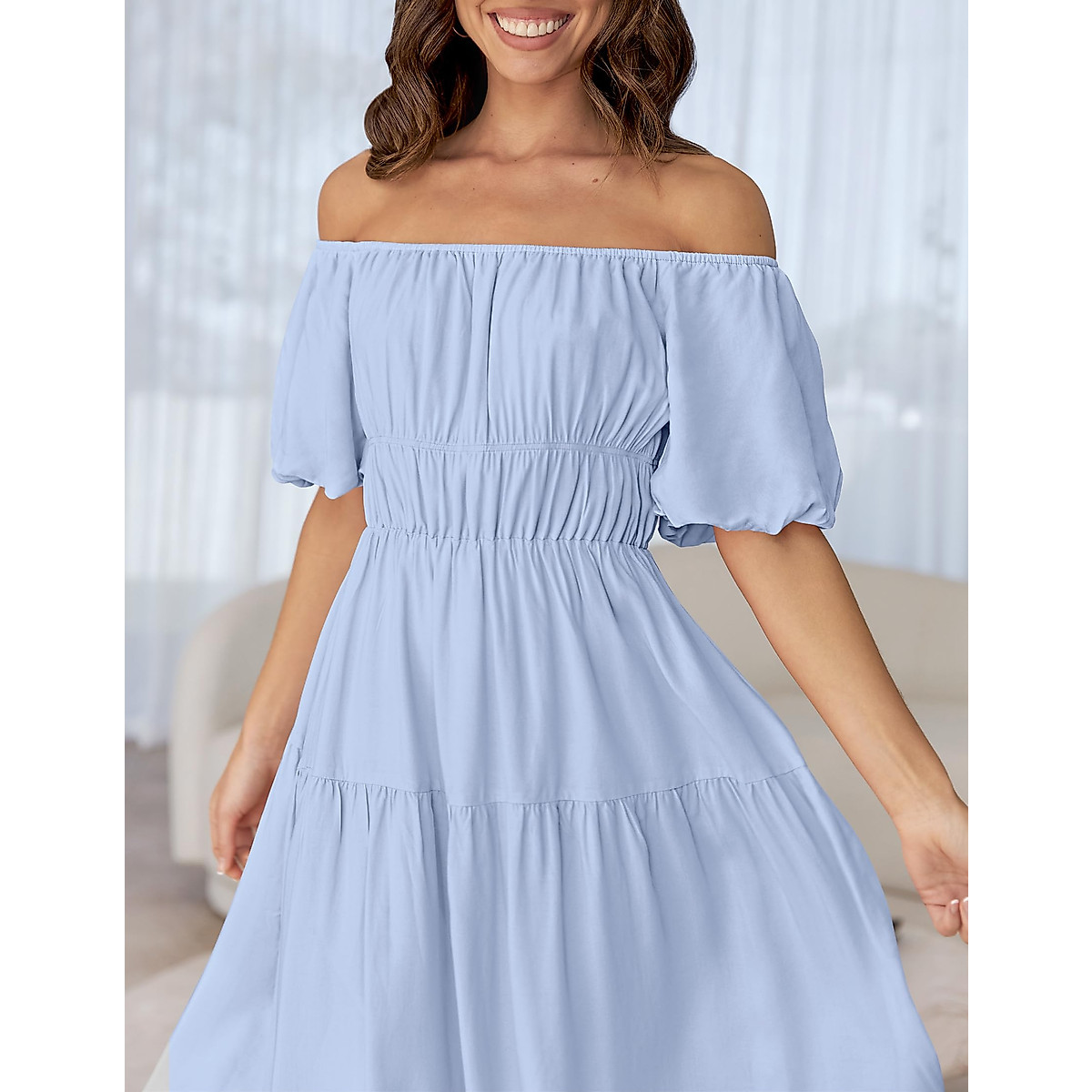 ZESICA Women's Sexy Boho Off Shoulder Puff Short Sleeve High Waist Ruffled Flowy A Line Beach Party Midi Dress,Blue,Medium