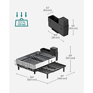 SONGMICS Large Dish Drying Rack, Expandable Dish Dryer for Kitchen Counter, Stainless Steel Dish Rack with Rotatable Spout, Utensil, Cup, Glass, Cutting Board, Pan Holders, Silver and Black UKCS037B01