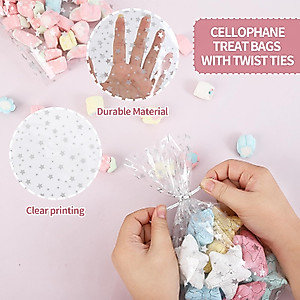 LEOSINDA 100 pcs Clear 6"X 10" Flat Gift Wrap Cellophane Bags Cello Bags Cookie Bags Treat Bags with Twist Ties Poly Bag 1.3 mil for Bakery, Cookie, Candies Silver Star Printed