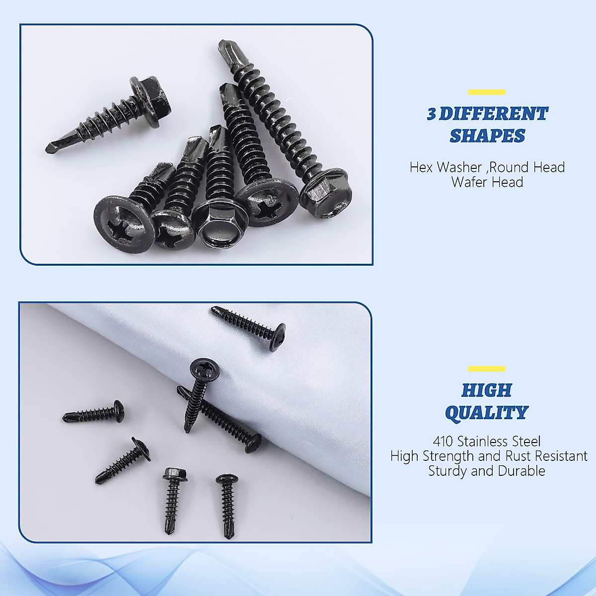 Glarks 420Pcs 410 Stainless Steel #8 TEK Screw Assortment Kit, 3 Styles Hex Washer Head & Modified Truss Head & Phillips Round Head Self Drilling Sheet Metal Screws, Length 5/8" to 1-1/4", Black