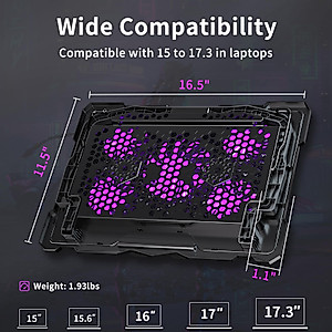 AICHESON Laptop Cooling Pad for 15.6 to 17.3 Inches PC Notebooks, 5 Fans Computer Cooler Stands with Purple Lights Desk Chiller Mat, S035