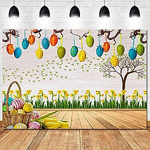 Spring Happy Easter Theme Photography Backdrops Colorful Eggs Bokeh Floral Photo Background Kids Baby Shower Party Dessert Cake Table Decor Studio Shoot Booth Props 5x3ft