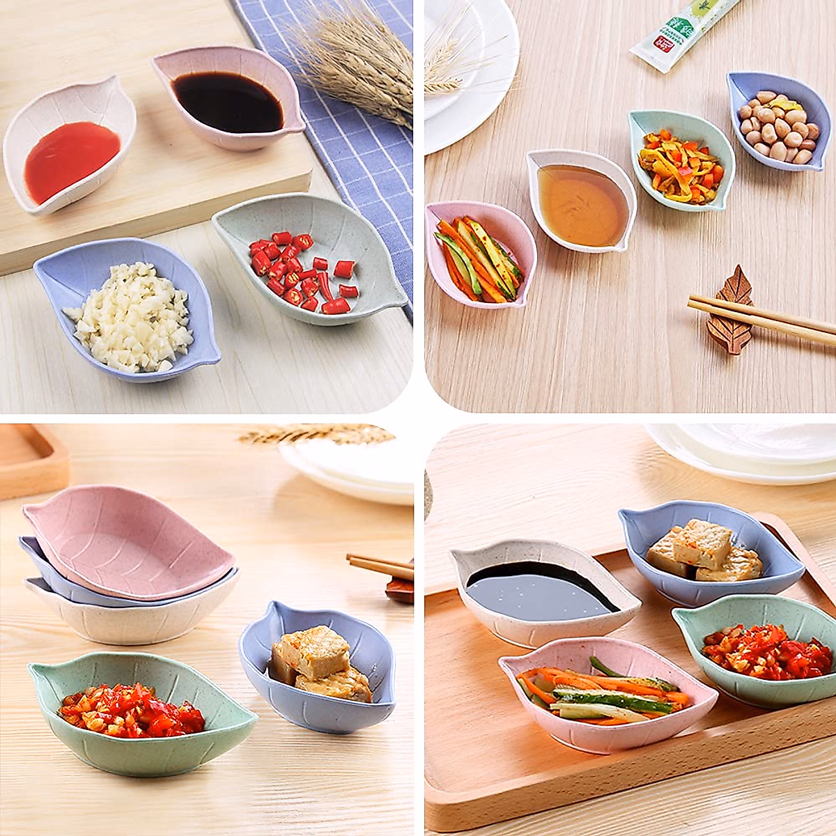 TIE-DailyNec 8 PCS Sauce Dish Leaf Shape, Soy Sauce Dishes Mixed Color Dipping Bowls Mini Plastic Seasoning Dish Appetizer Plates