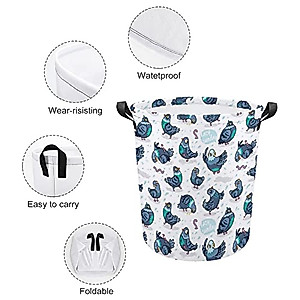 Funny Pigeons Foldable Laundry Basket Waterproof Hamper Storage Bin Bag with Handle 16.5"x 16.5"x 17"