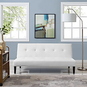 Naomi Home White Faux Leather Convertible Futon Sofa Bed, Button Tufted, 3 Positions, Small Couch Bed with Wooden Legs, 58 lbs, 500 lbs Capacity