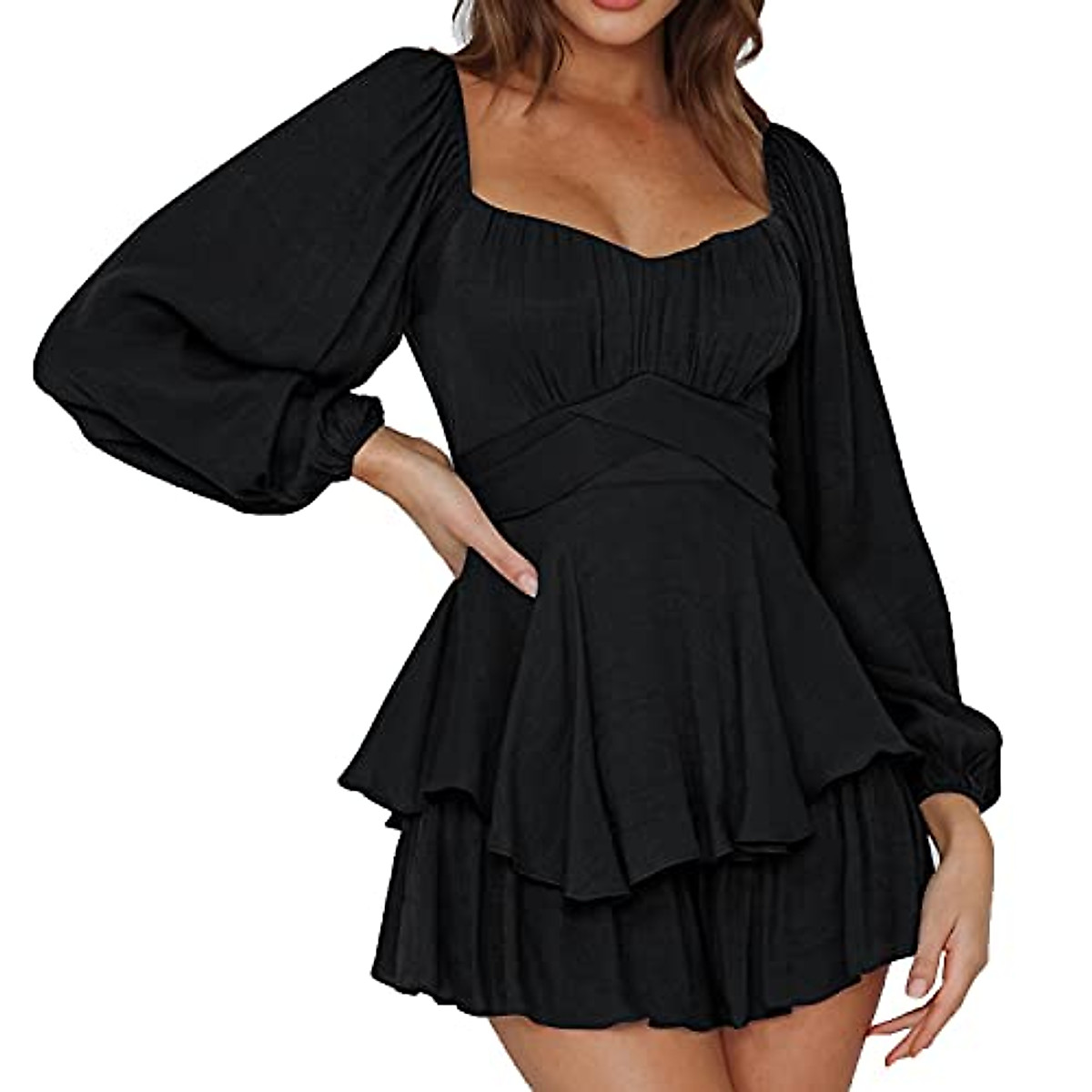 Women's Jumpsuit Lantern Long Sleeve Ruffle Layer Tie Mini Short Romper