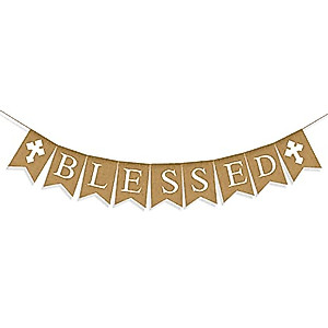 Blessed Burlap Banner Easter Communion Baptism Decorations for Boys Girls First Communion Confirmation Banner Garland Decor for Baby Shower Birthday Fireplace