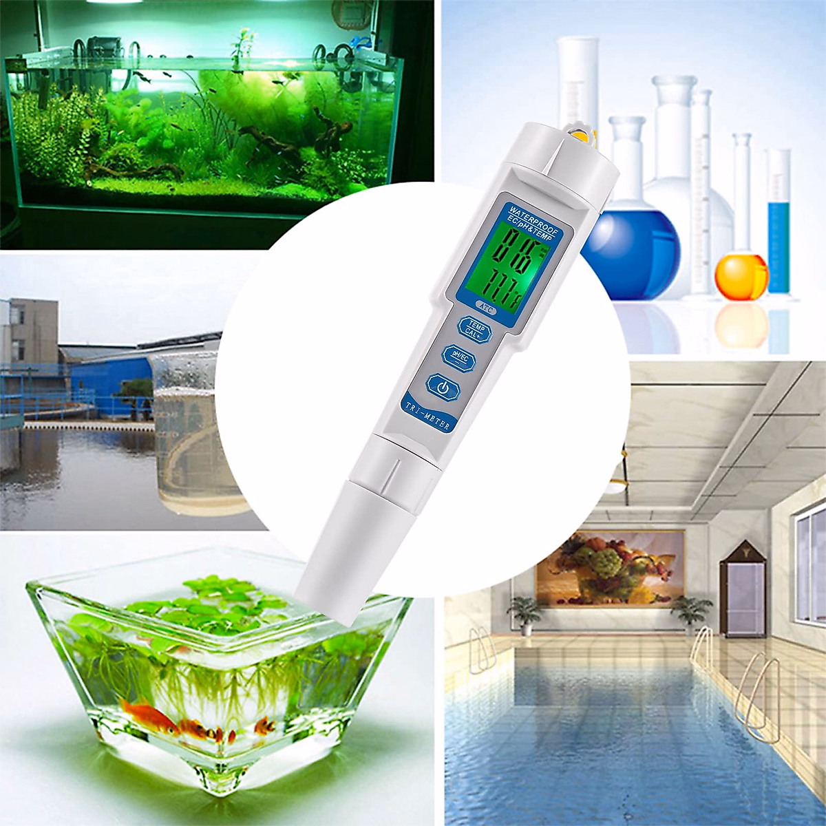 BUZHI pH & EC & Temp Meter, New Professional 3 in 1 Multi-Parameter Water Quality Tester Monitor Portable Pen Type pH & EC & Temp Meter Acidometer Water Quality Analysis Device