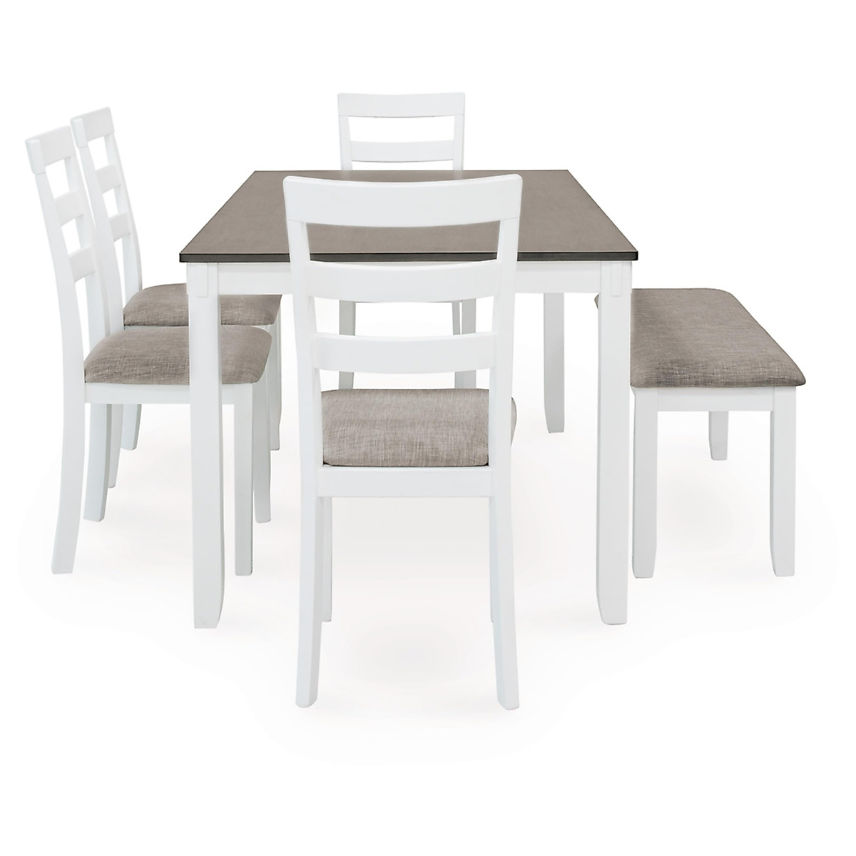 Signature Design by Ashley Stonehollow Modern Farmhouse Dining Table with Upholstered Chairs and Bench, Set of 6, White & Gray