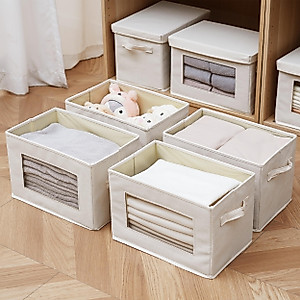 Citylife 3 Pack Storage Bins with Lids, Fabric Foldable Storage Bins with Soft Cord Handles, Canvas Storage Bin with Lid for Organizing Clothes, Blankets and Books, Beige